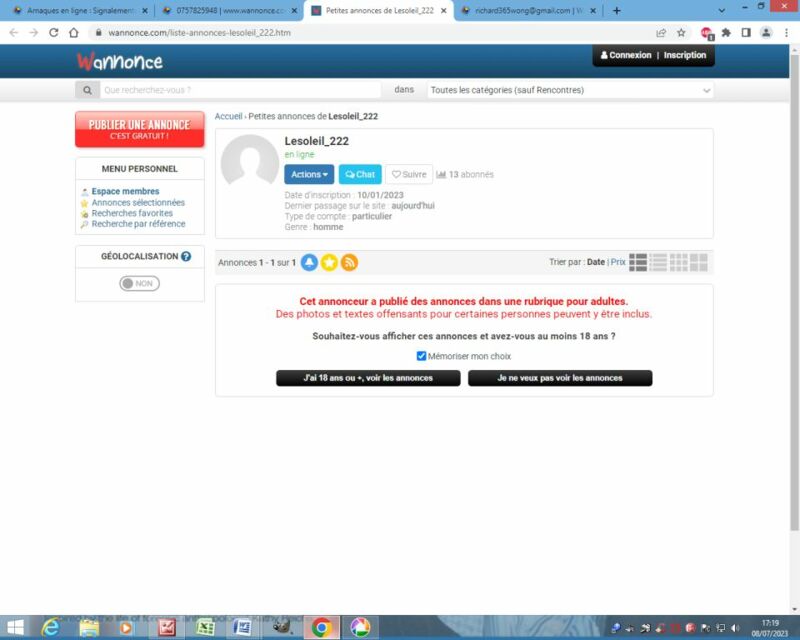 Wannonce.com | 07 57 82 59 48 | 1 signalement | 7 commentaires